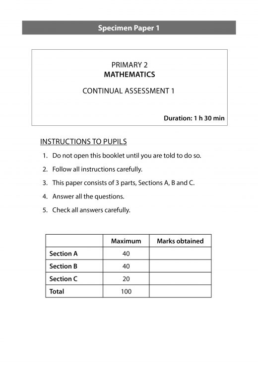 Primary 2 Mathematics CA & SA Specimen Papers - CPD Singapore Education ...